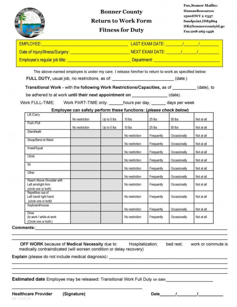24+ Best Return To Work Form & Physician's Work Release Form